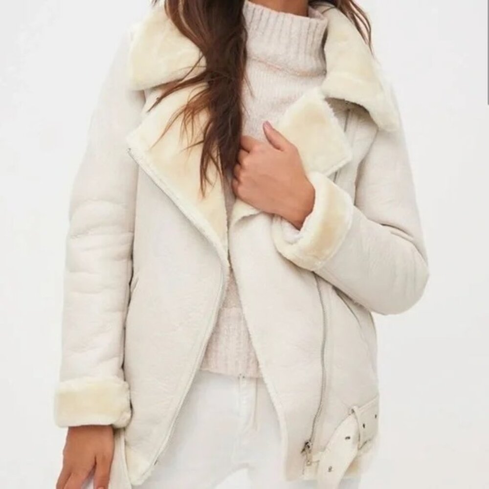 Zara Faux Shearling Aviator Jacket In Cream - Gem